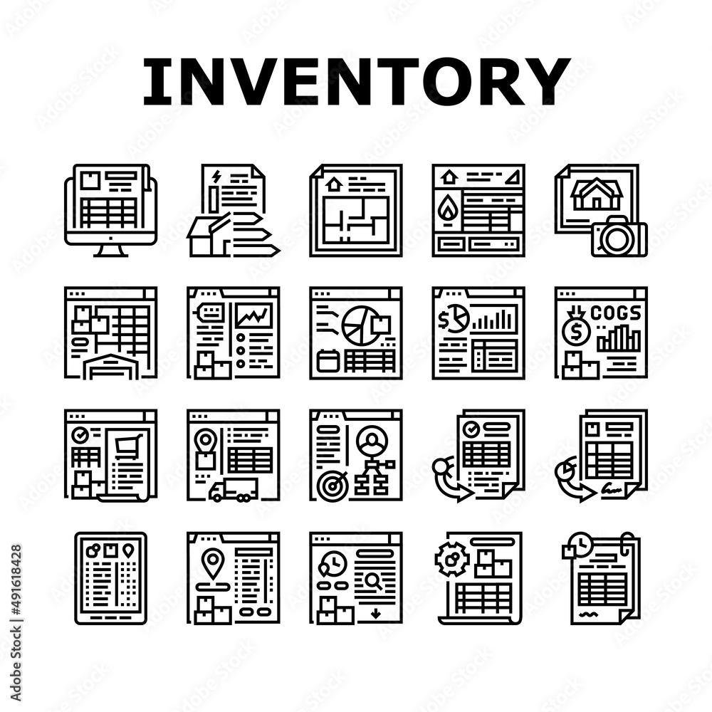 Inventory Analytics And Report Icons Set Vector. Inventory Movement ...