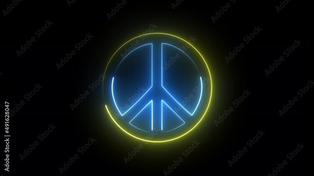 A neon peace sign with animated blue and yellow colored lines on a ...