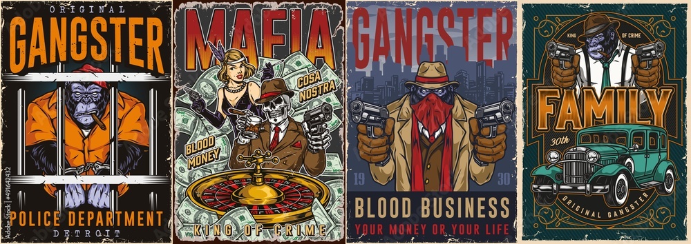 Posters set with mafia characters Stock Vector | Adobe Stock