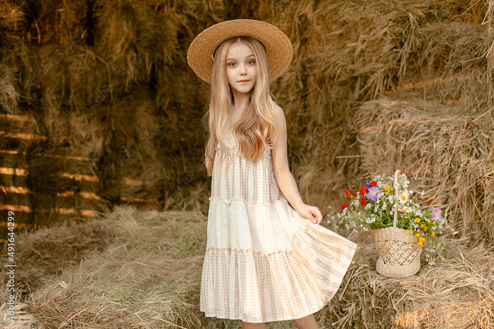Tween girl enjoying summer vacation in countryside, posing on hayloft ...