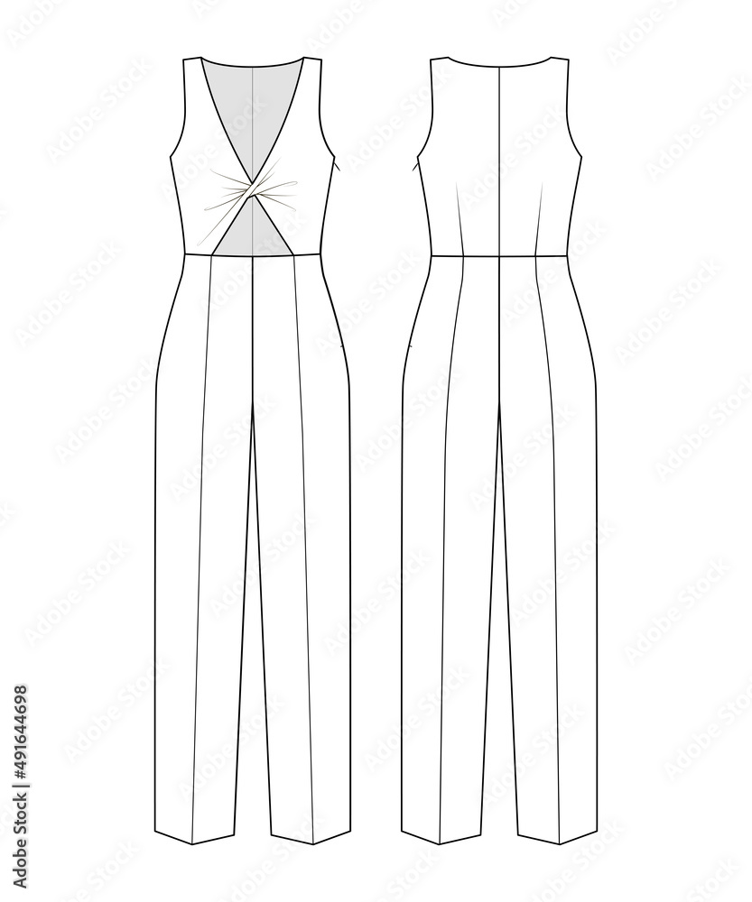 Fashion technical drawing of a women's sleeveless jumpsuit with cutouts ...