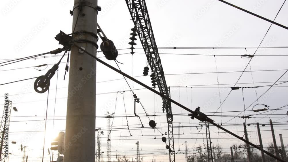 Vidéo Stock The railroad with some electric wires, cables over it ...