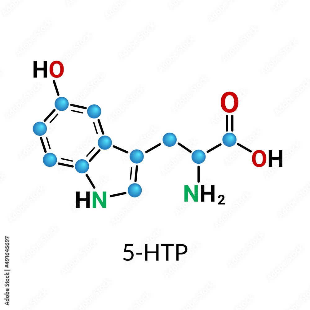 5-HTP, 5-Hydroxytryptophan, oxitriptan molecular structure background ...