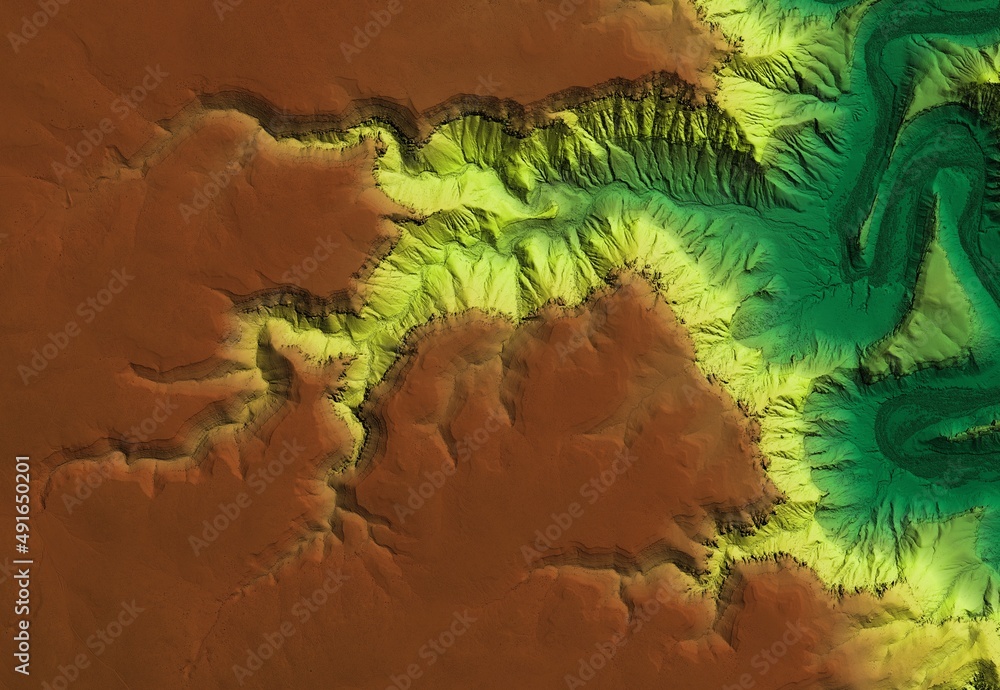 Digital elevation model of a deep stone canyon. A meandering and ...