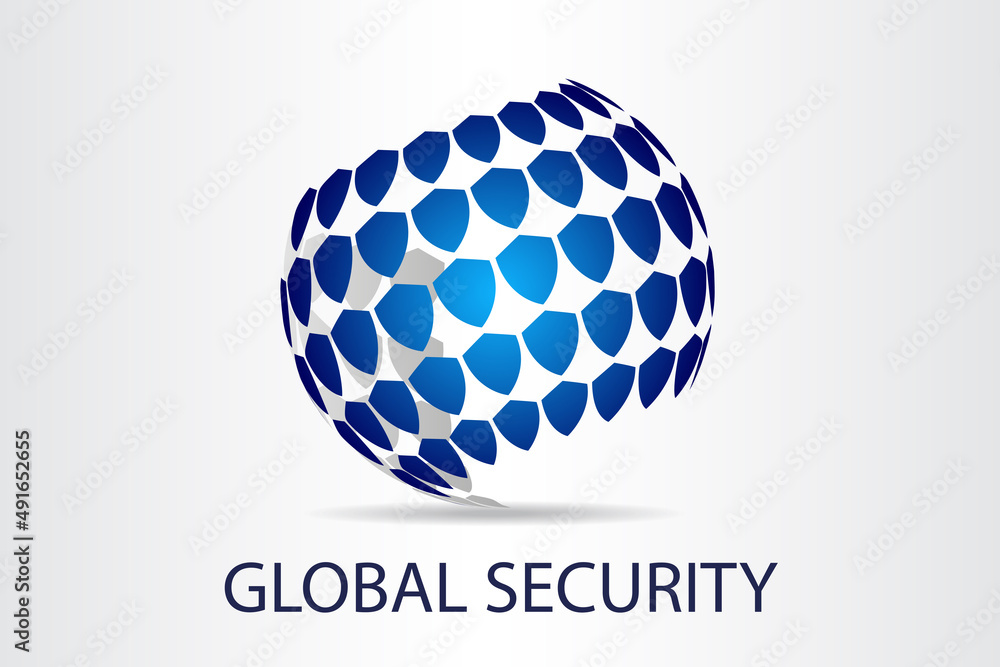 Abstract global security logo stylized spherical surface with shield ...