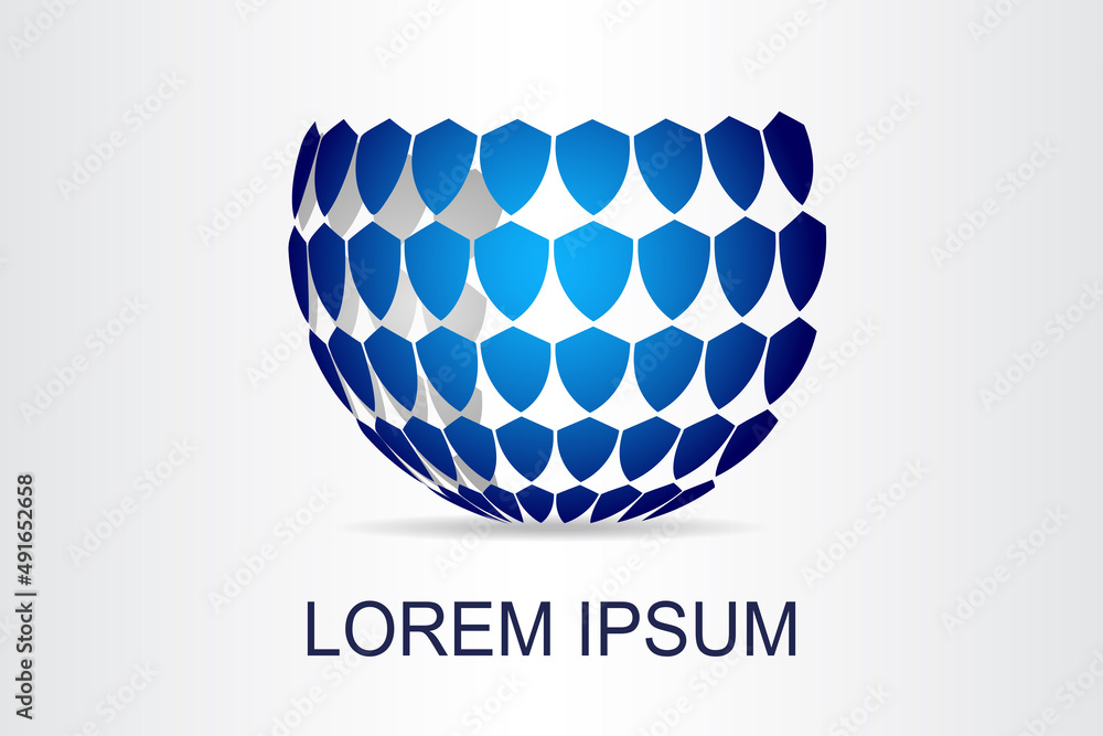 Abstract global security logo stylized spherical surface with shield ...