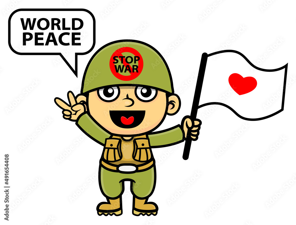Cartoon illustration of funny little Soldier making peace gesture with ...