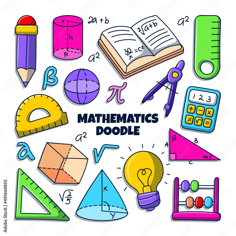 Mathematics doodle illustration with colored hand drawn style Stock ...