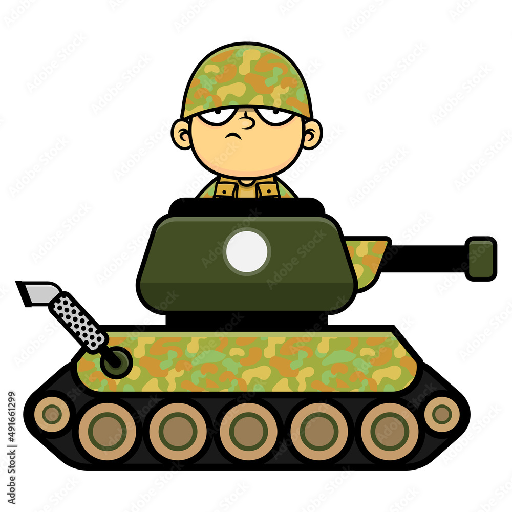 Cartoon illustration of Soldier riding a tank and goes to battlefield ...