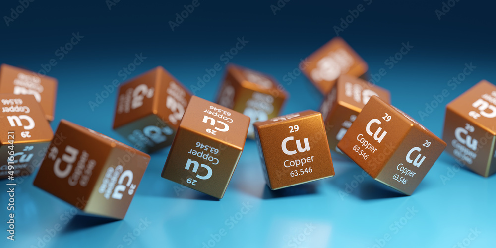 Copper (Cu) symbol is noble metal element and conducts electricity ...