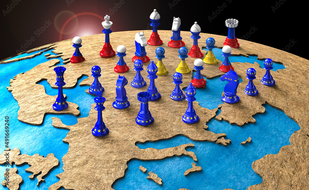 symbol of war and geopolitics in the world with chess pieces. 3D ...