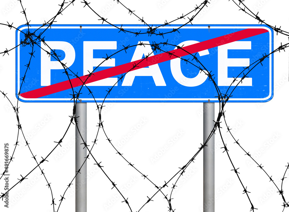 Road sign. Peace termination location mark. The word Peace crossed out ...