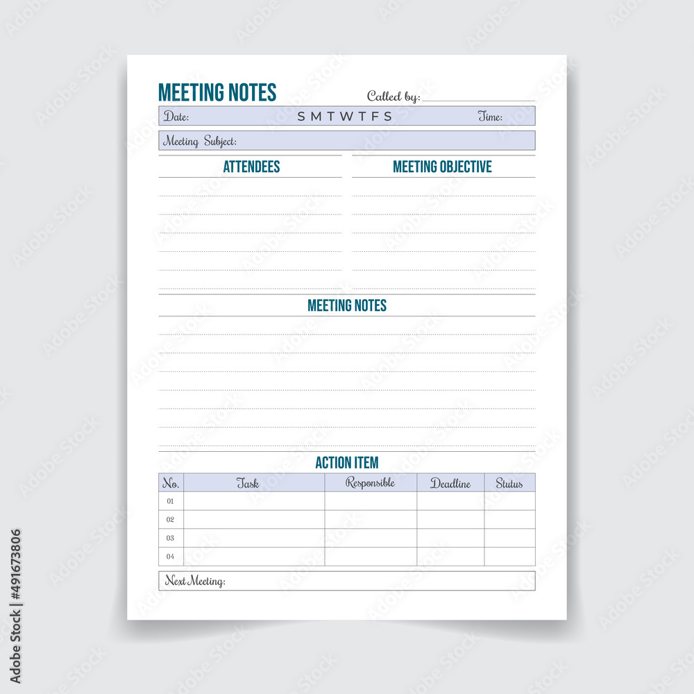 Meeting Notebook Page template Design Stock Vector | Adobe Stock