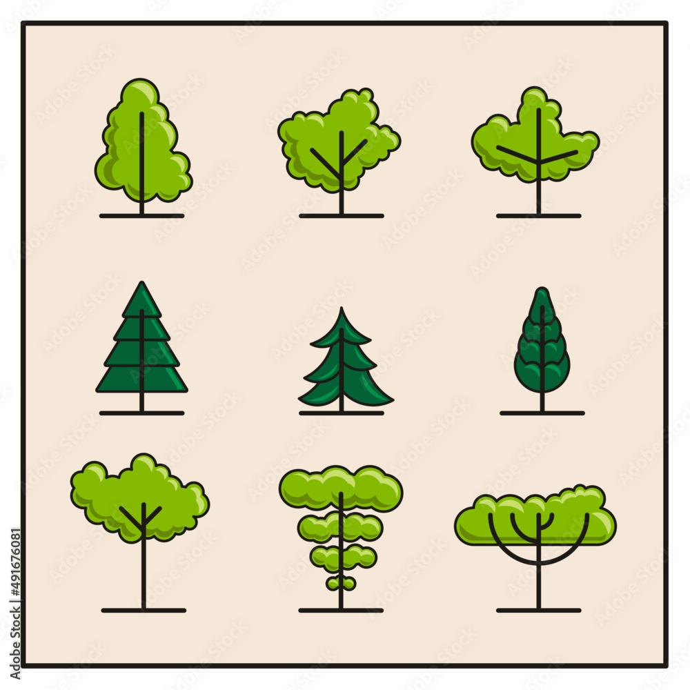 Simple trees line-art set. Entourage design. Collection of design ...