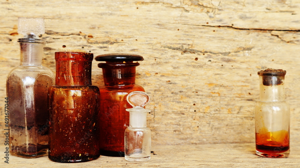 Antique Medicine Bottles, Victorian Era, on a original 1800s wooden ...