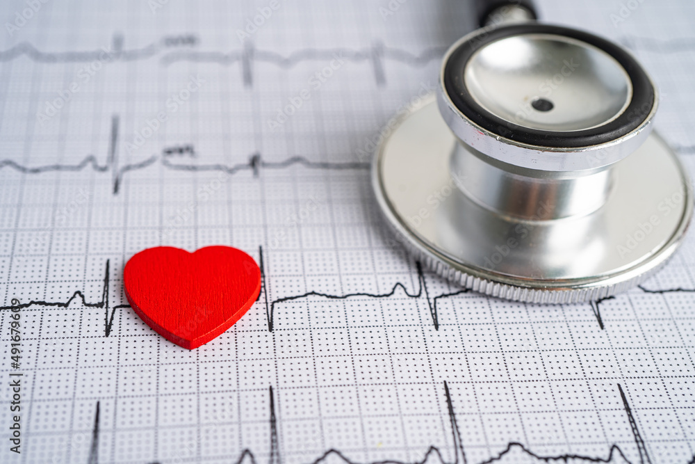 Stethoscope on electrocardiogram ECG with red heart, heart wave, heart ...