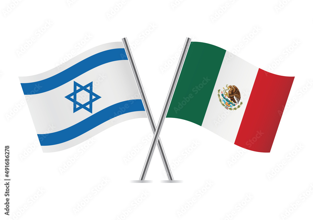 Israel and Mexico crossed flags. Israeli and Mexican flags isolated on ...