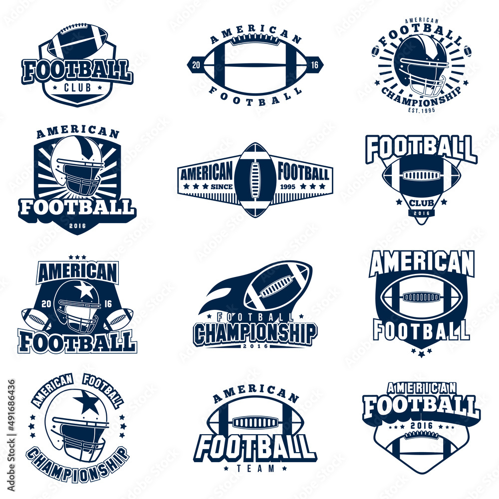 American Football 12 monochrome badges Set in Vintage Style. Retro ...