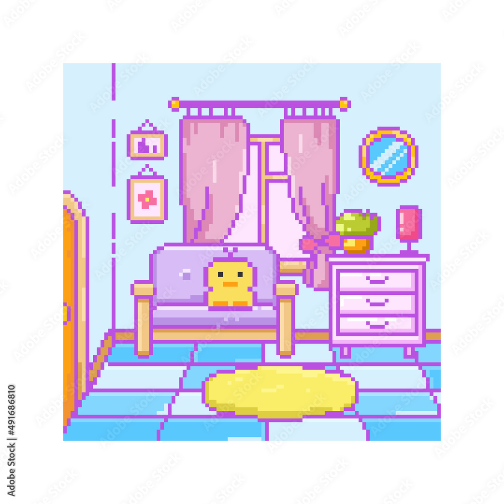 Pixel art background with 8 bit living room. Duck character, arcade ...