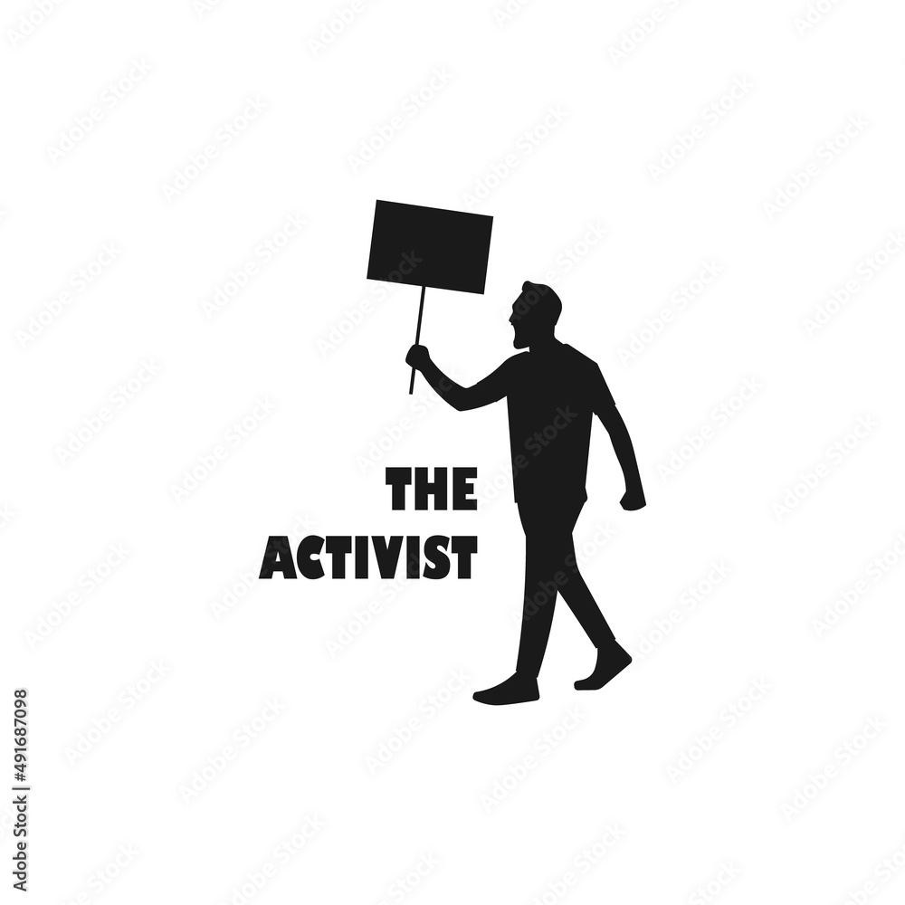 Activist guy holding sign black vector silhouette illustration. Stock ...
