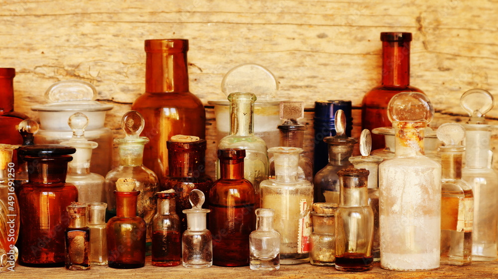 Antique Medicine Bottles, Victorian Era, on a original 1800s wooden ...