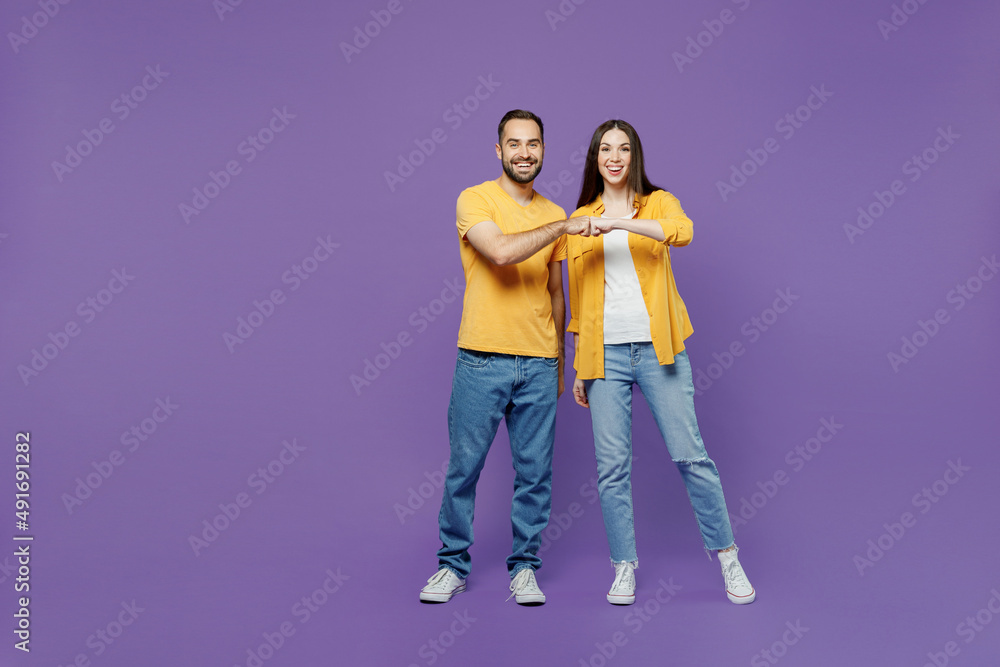 Full body young smiling happy couple two friends family man woman ...