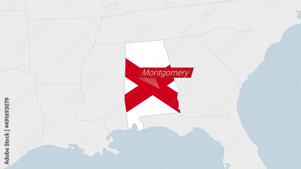 US State Alabama map highlighted in Alabama flag colors and pin of ...