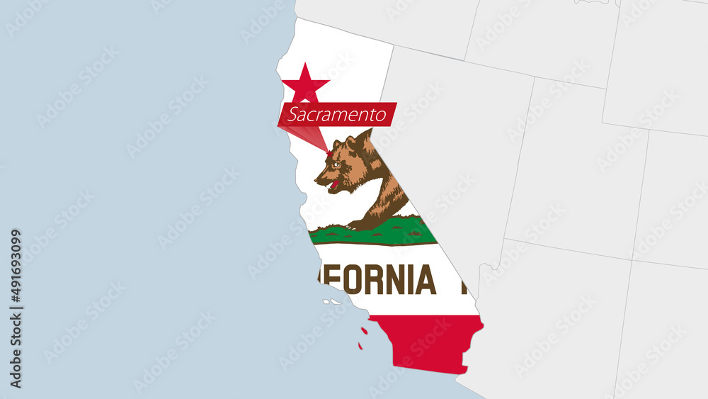 US State California map highlighted in California flag colors and pin ...