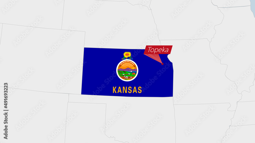 US State Kansas map highlighted in Kansas flag colors and pin of ...
