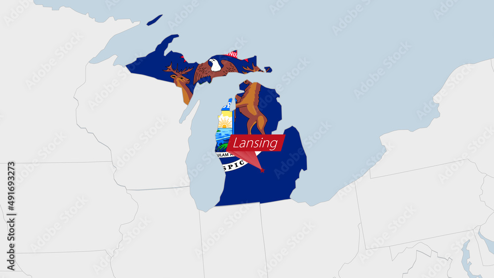 US State Michigan map highlighted in Michigan flag colors and pin of ...