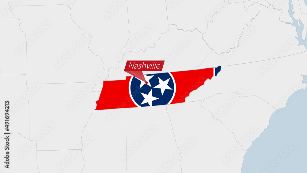 US State Tennessee map highlighted in Tennessee flag colors and pin of ...