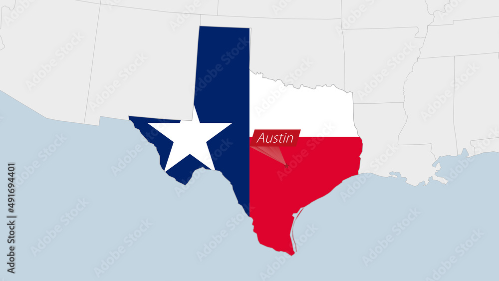 US State Texas map highlighted in Texas flag colors and pin of country ...