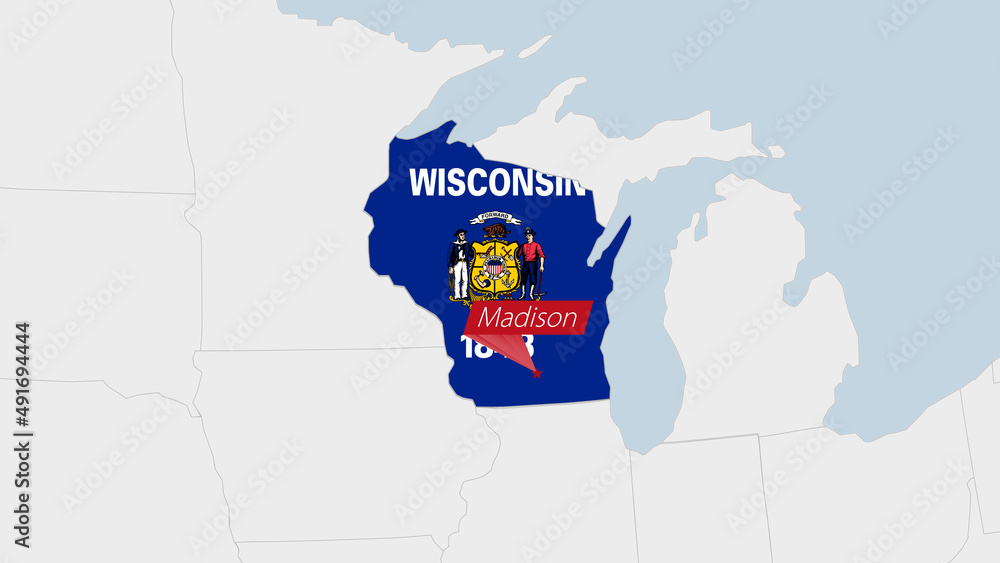 US State Wisconsin map highlighted in Wisconsin flag colors and pin of ...
