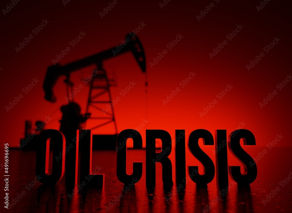Oil crisis text word on red background image with oil pump oil rig in ...