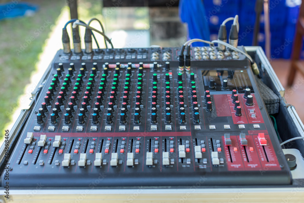 sound system by mixer equalizer in concert or wedding hall. Old audio ...