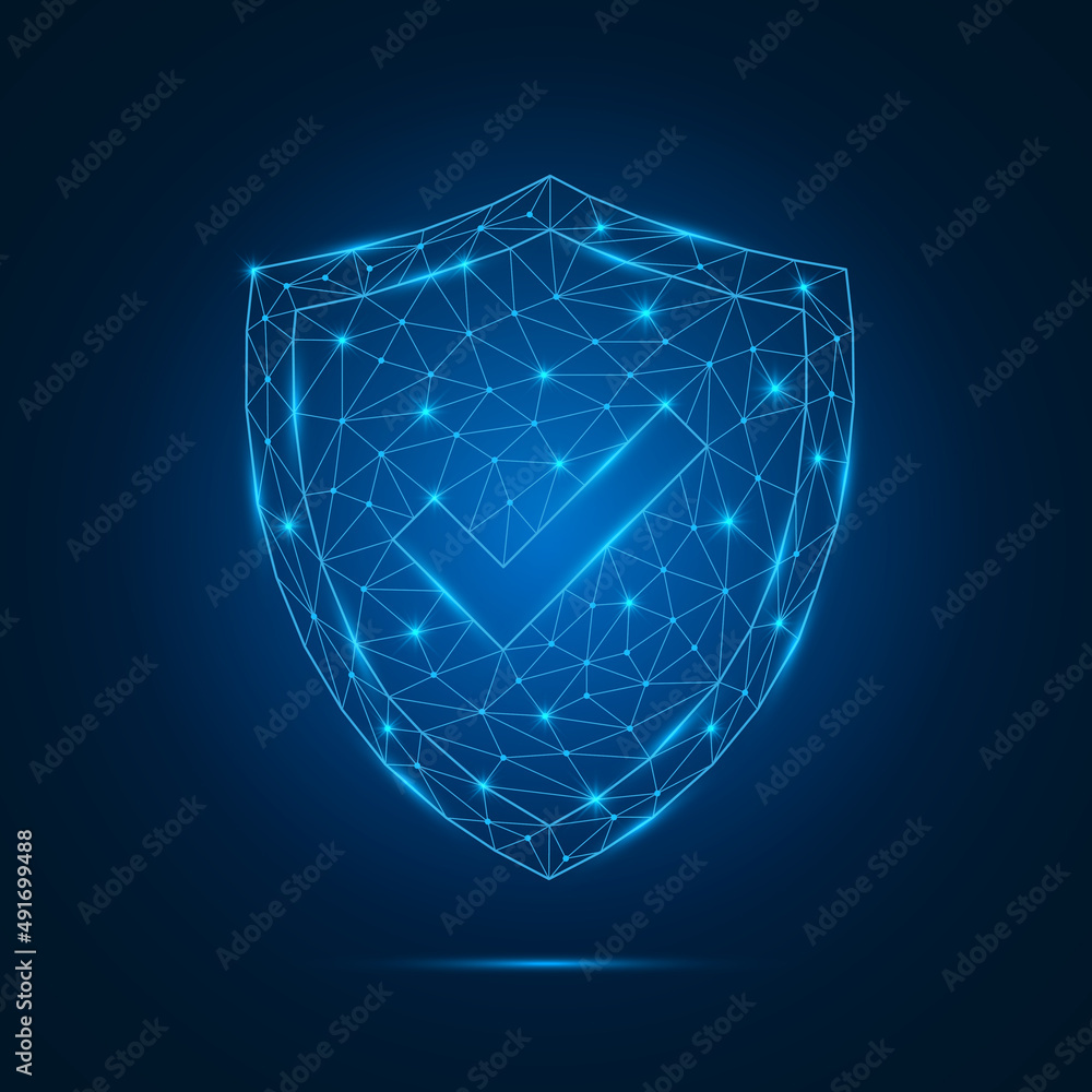 Futuristic glowing low polygonal security guard shield with check mark ...