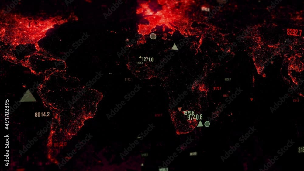 Red map of planet with numbers. Motion. Dangerous numerical values on ...