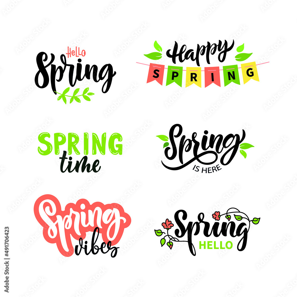 Hello Spring handwritten text. Trendy script lettering design. Modern ...