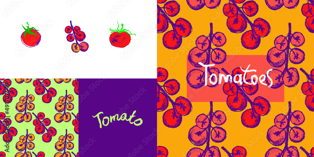 Vector set of design elements with Cherry tomatoes seamless pattern for ...