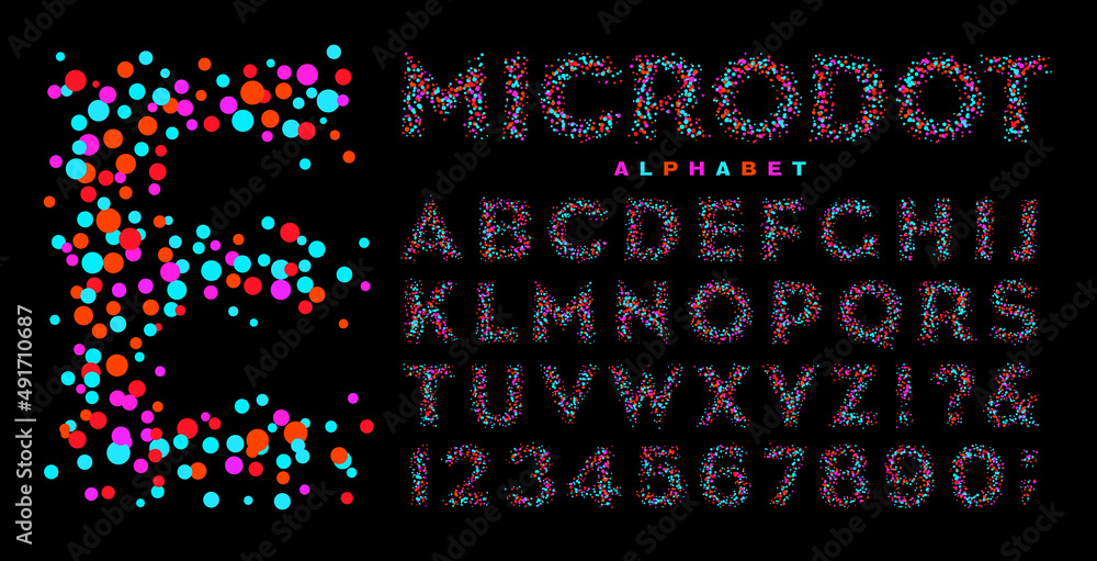 Microdot is an alphabet built of multicolored neon hued dots. Stock ...