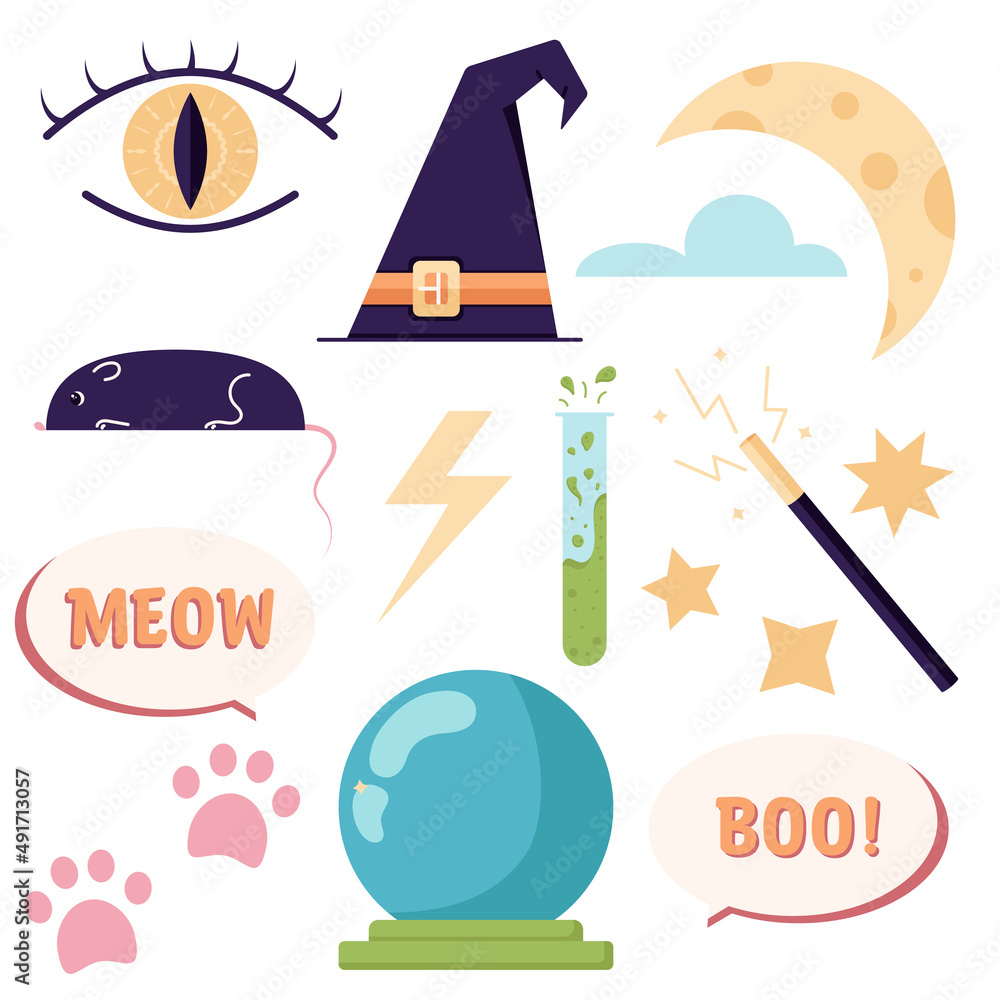 A set of icons with occult objects and symbols, an all-seeing eye, a ...