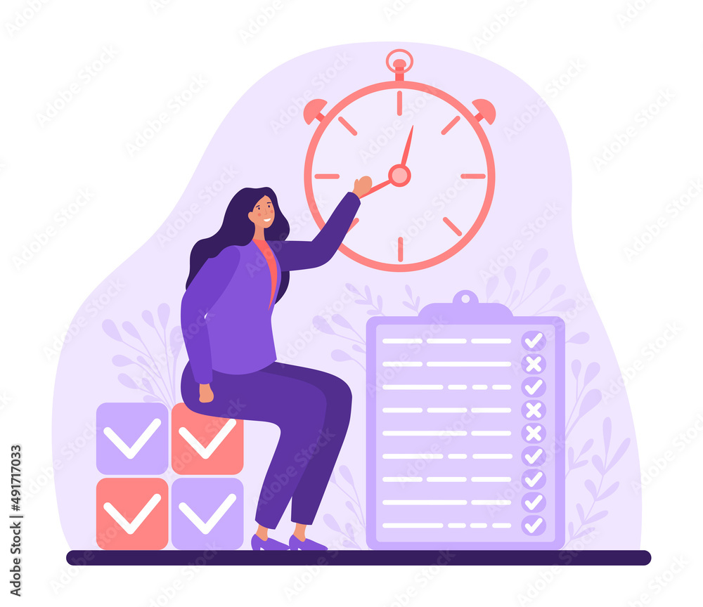 Pointing to timer. Girl moves clock, time management and deadline ...