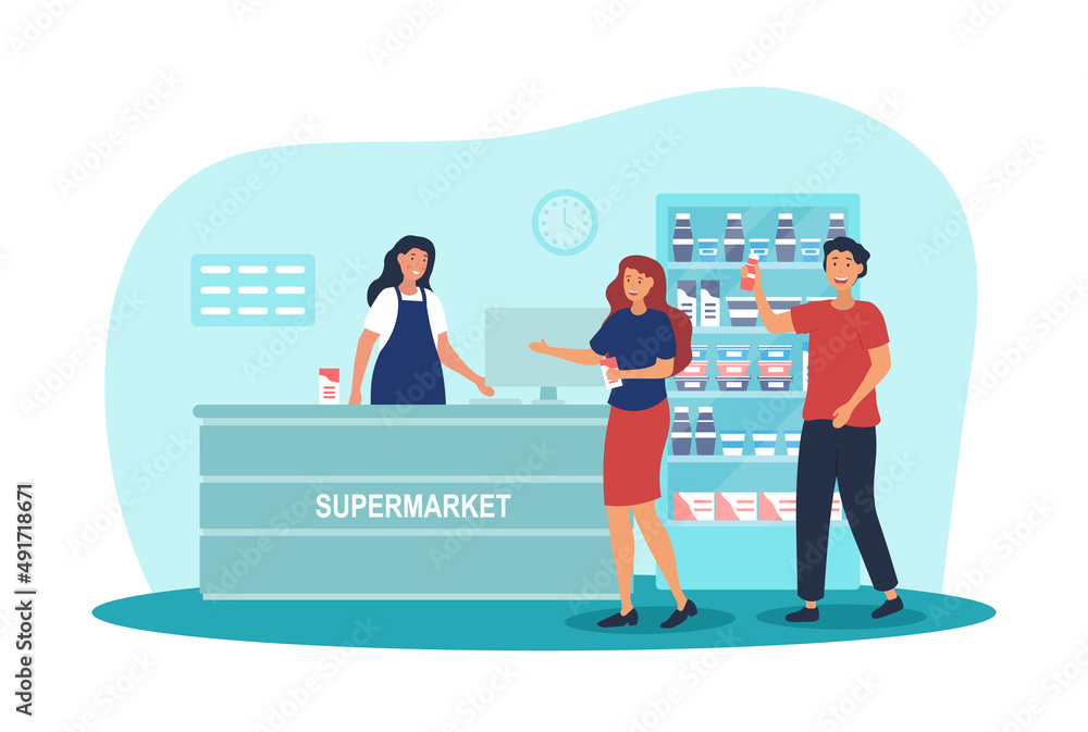 Supermarket with cashier. Young girl and man with groceries go to pay ...