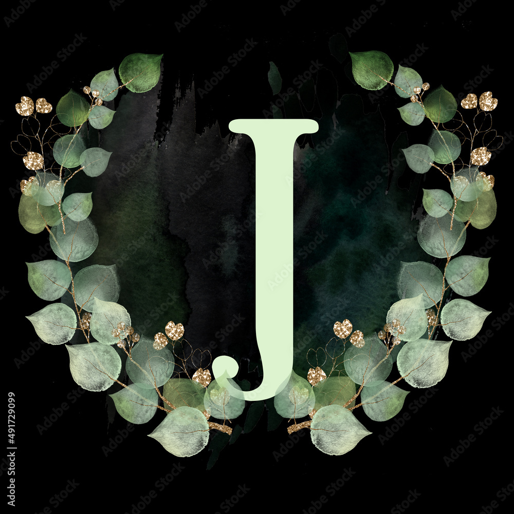 Capital letter J decorated with golden and green leaves. Letter of the ...