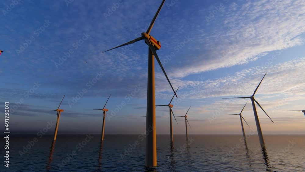 4K Ultra Hd Video. Offshore Wind Turbines Farm at sunset. 3D Animation ...