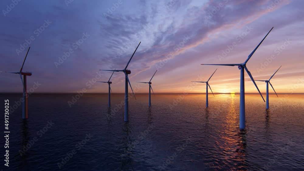 4K Ultra Hd Video. Offshore Wind Turbines Farm at sunset. 3D Animation ...