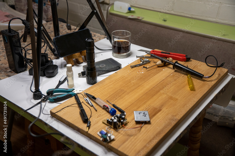 Closeup image of simple electric circuit, breadboard with electrical ...