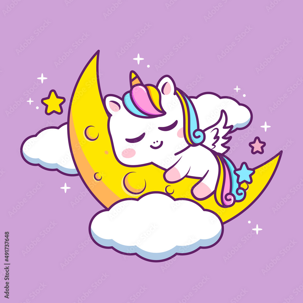 cute unicorn sleeping in the moon Stock Vector | Adobe Stock