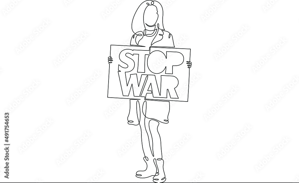 One continuous line.A protesting demonstrator stands with a banner ...