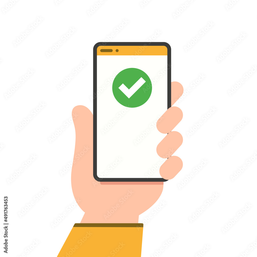 Hand holding smartphone with check mark icon . Cellphone display front ...